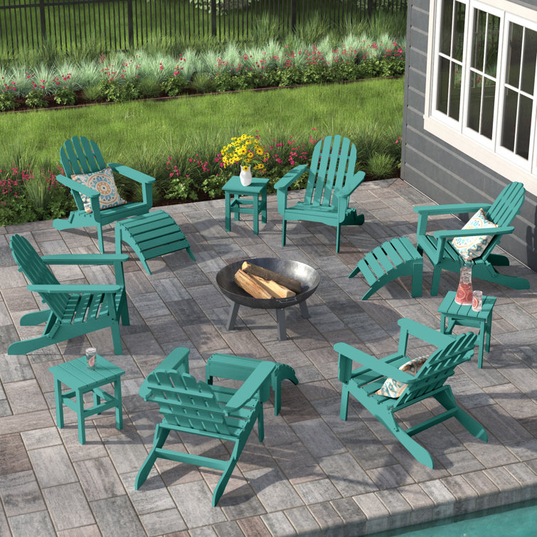 Three Posts Hartington 12 Piece Plastic Resin Folding Adirondack Chair with Ottoman and Table Reviews Wayfair